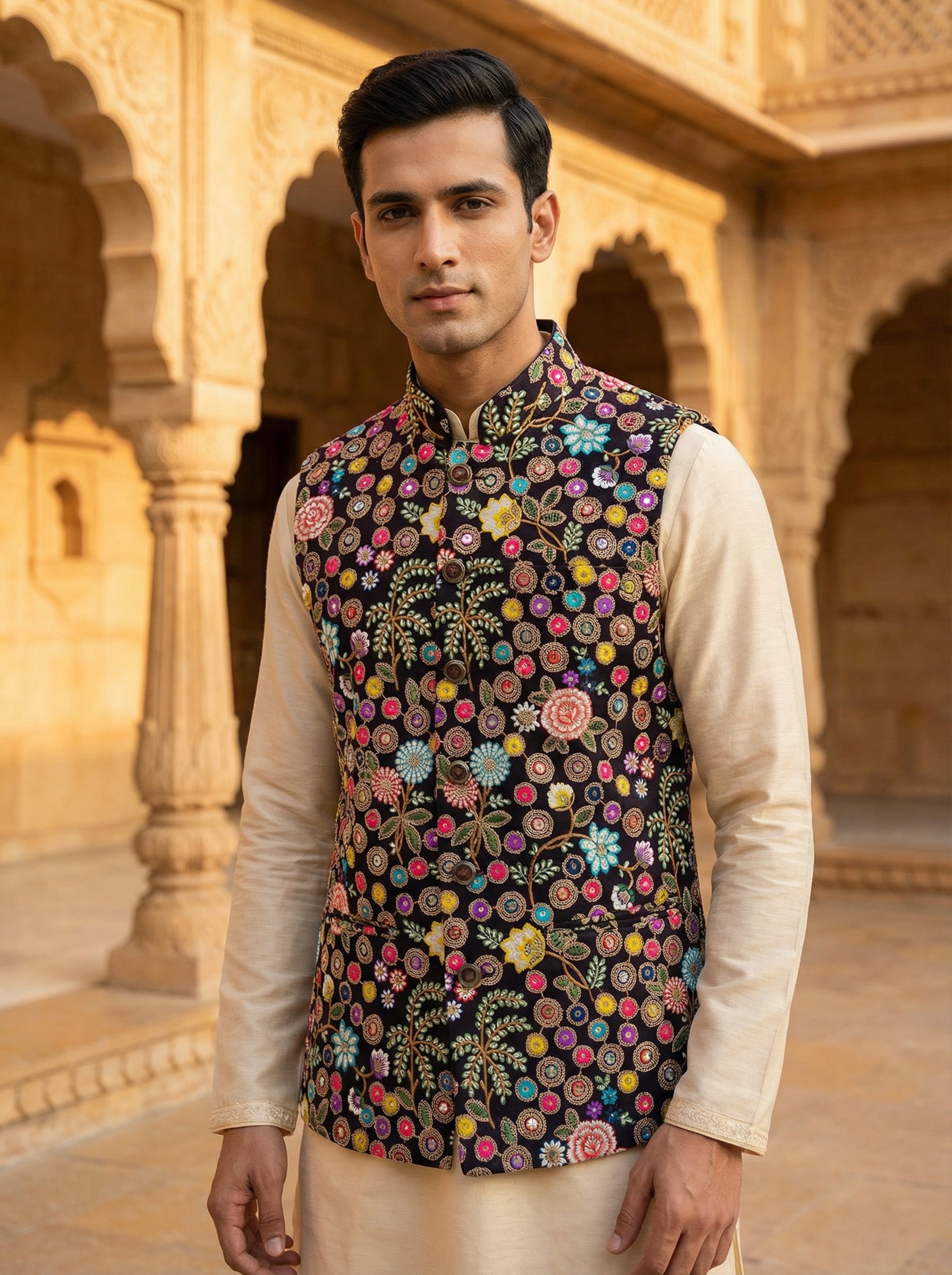 Dark Purple Multicolor Floral Embroidered Nehru Koti for Men – Mahavir NX