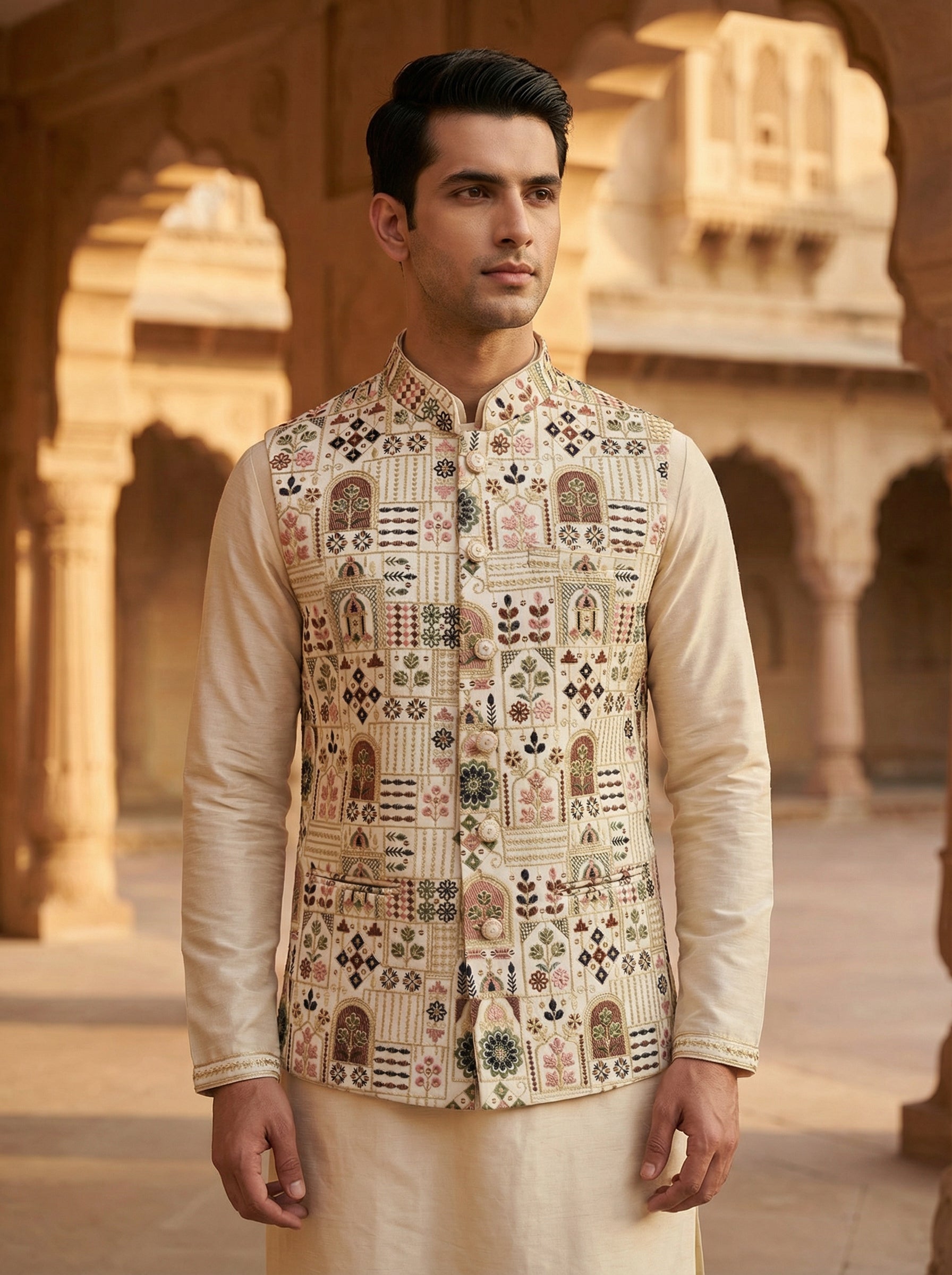 Ivory Multicolor Heritage Motif Nehru Koti for Men – Mahavir NX