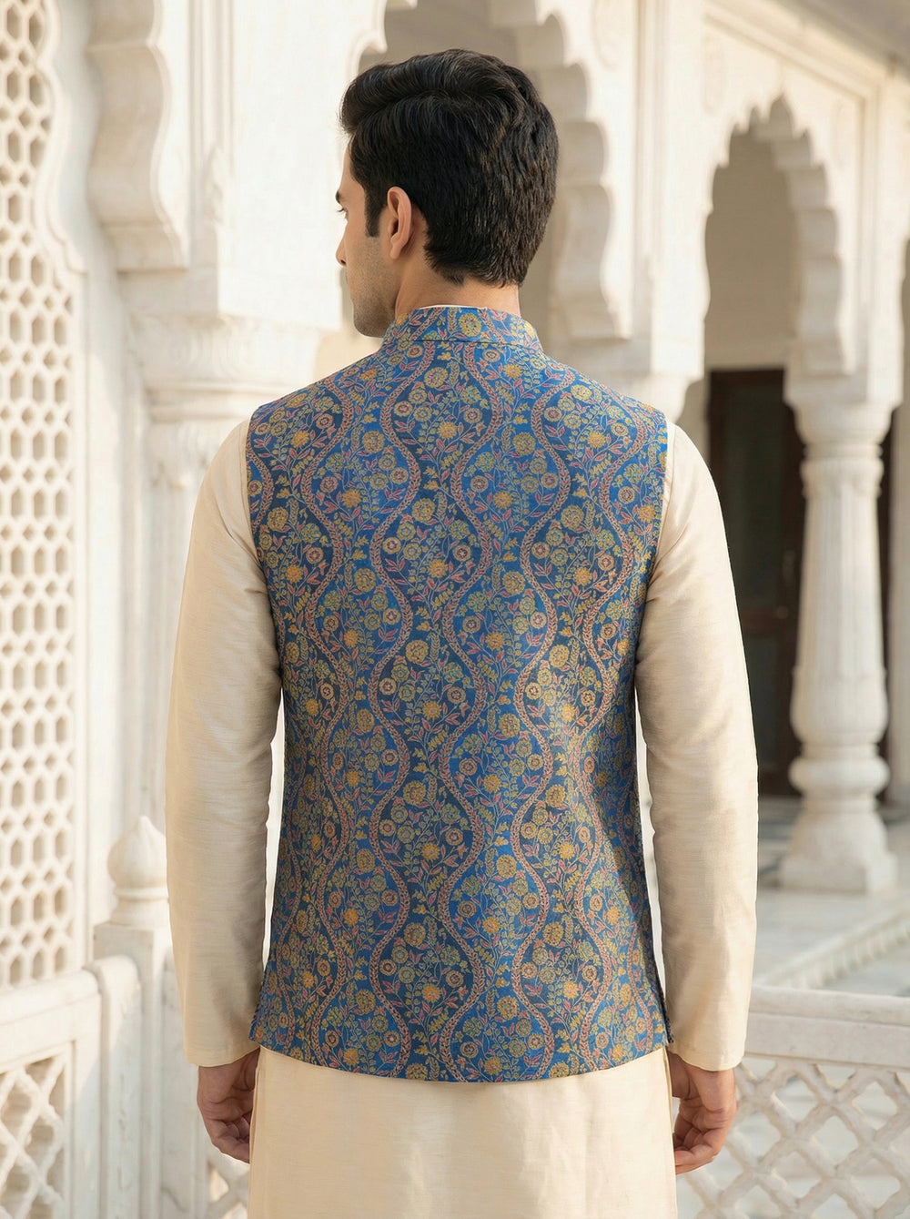 Royal Blue Floral Print Nehru Koti for Men – Party Wear Koti Suit ...