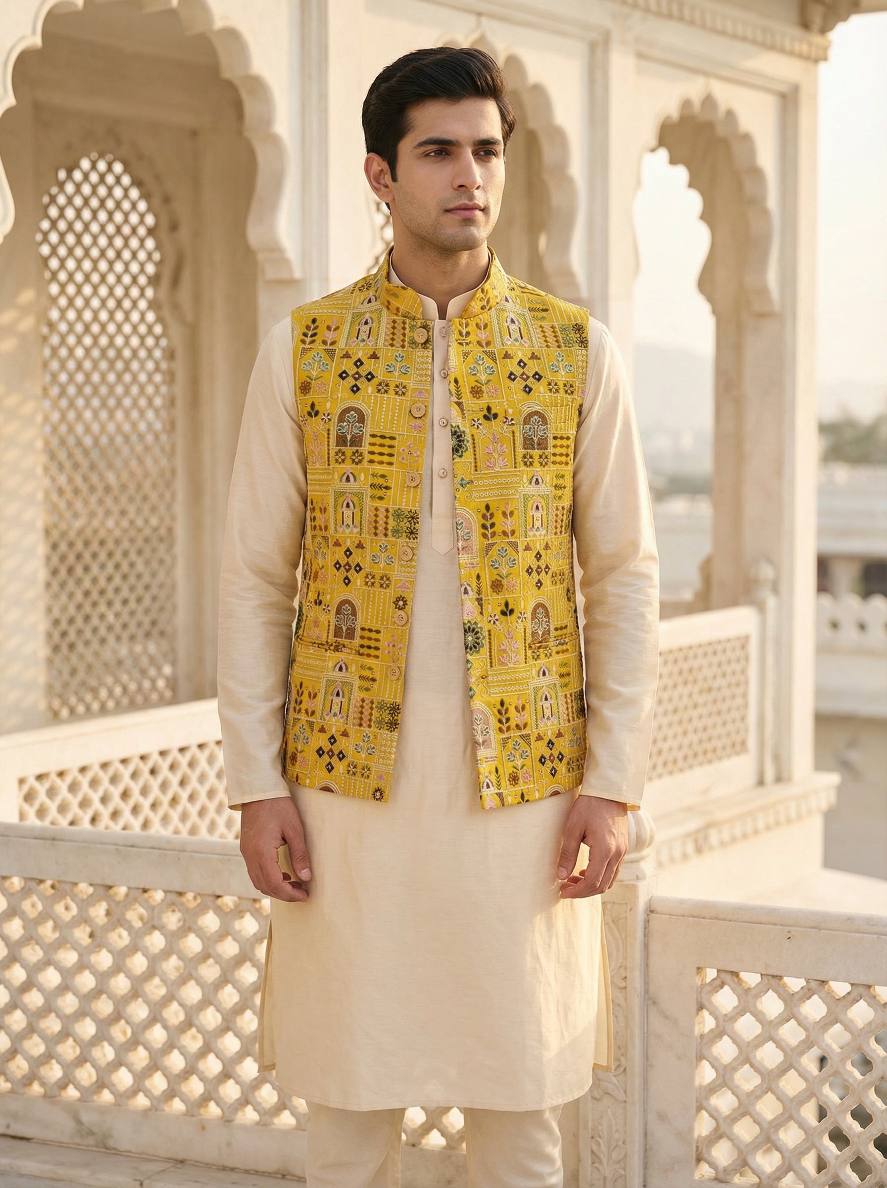 Mustard Yellow Heritage Nehru Koti – Festival Koti Suit for Men ...