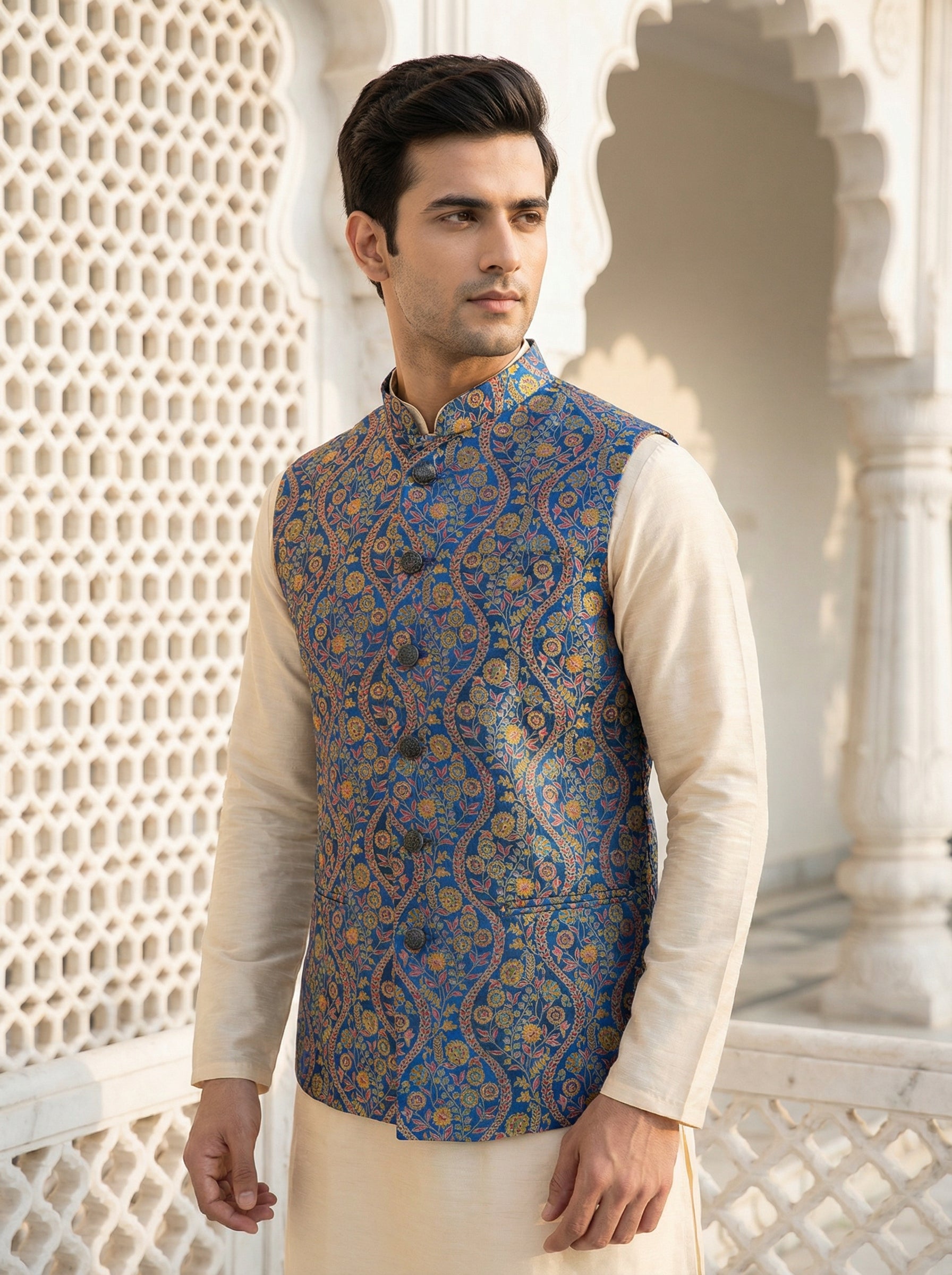 Royal Blue Floral Print Nehru Koti for Men – Party Wear Koti Suit ...